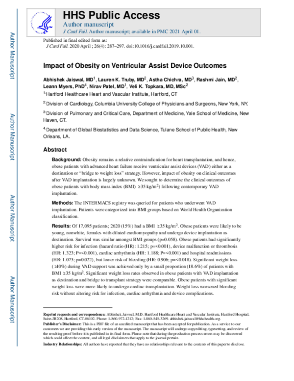 (PDF) Impact of Obesity on Ventricular Assist Device Outcomes