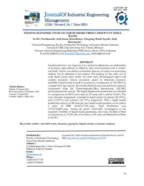 (PDF) Techno Economic Study of Liquid Smoke from Cashew Nut Shell Waste