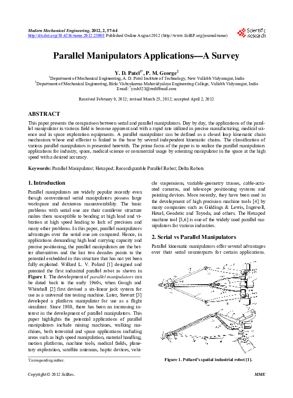 (PDF) Parallel Manipulators Applications—A Survey