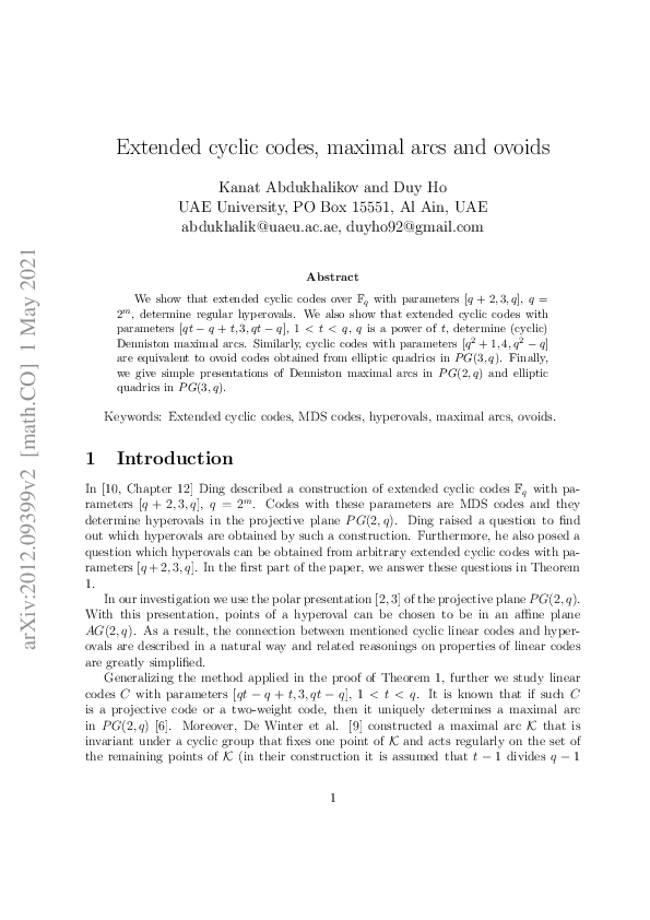 (PDF) Extended cyclic codes, maximal arcs and ovoids