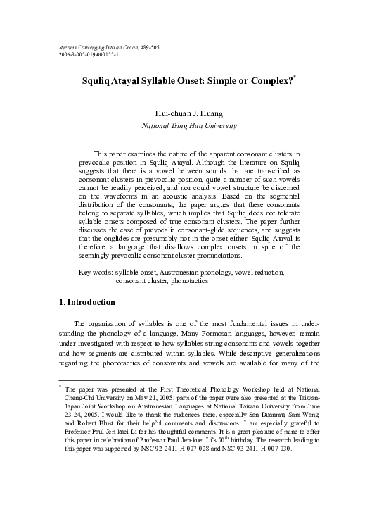(PDF) Squliq Atayal Syllable Onset: Simple or Complex? | Hui-chuan J ...