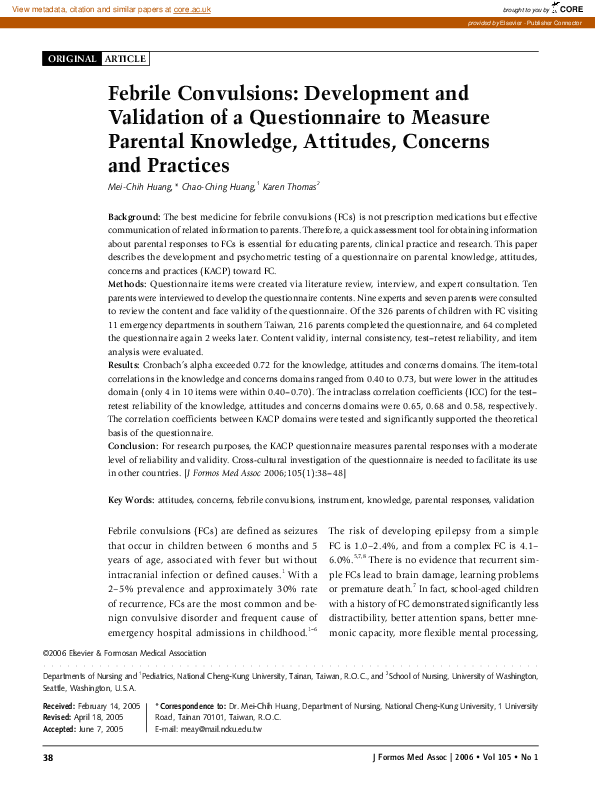 (PDF) Febrile Convulsions: Development and Validation of a Questionnaire to Measure Parental ...