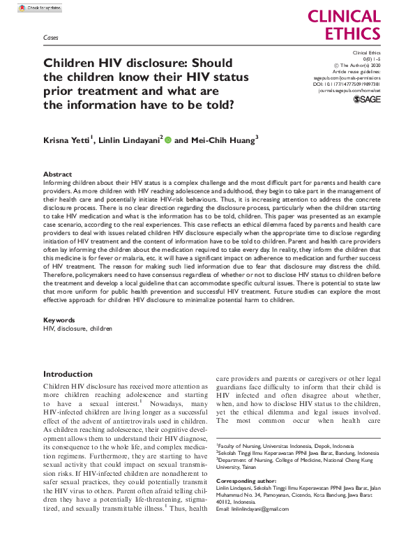 (PDF) Children HIV disclosure: Should the children know their HIV ...