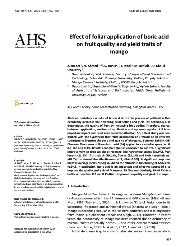 Pdf Effect Of Foliar Application Of Boric Acid On Fruit Quality And