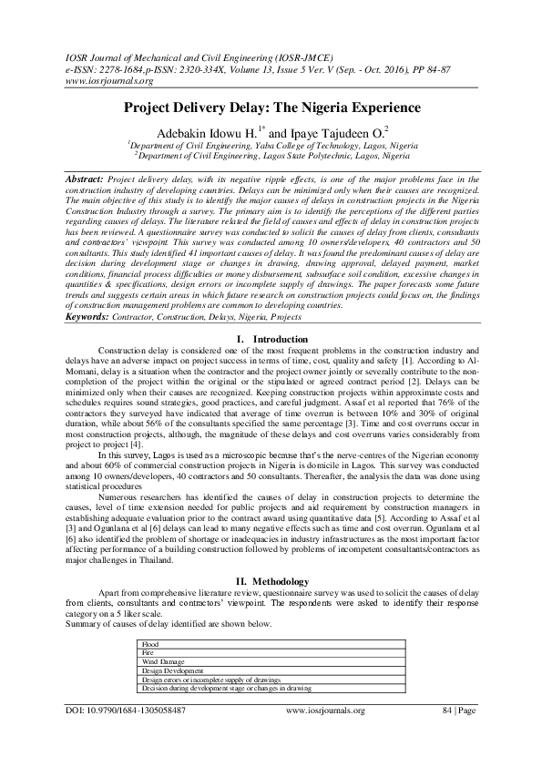 (PDF) Project Delivery Delay: The Nigeria Experience