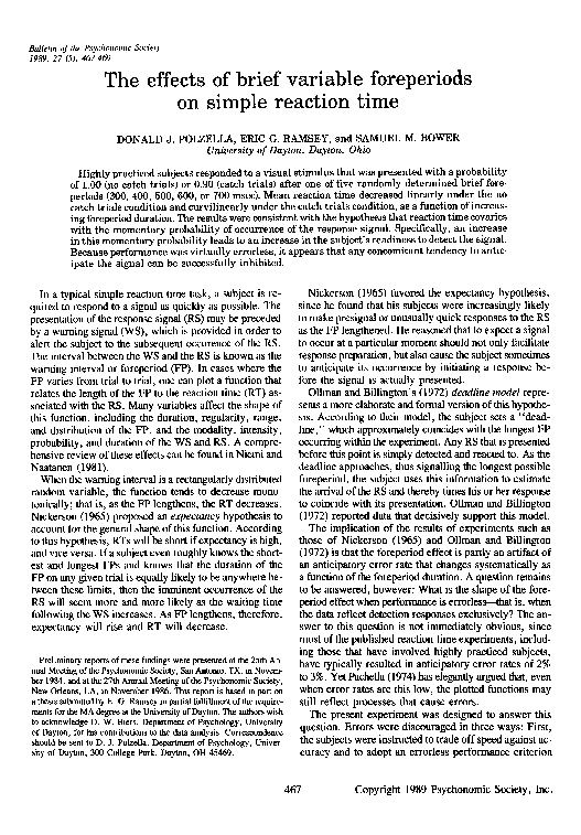 (PDF) The effects of brief variable foreperiods on simple reaction time