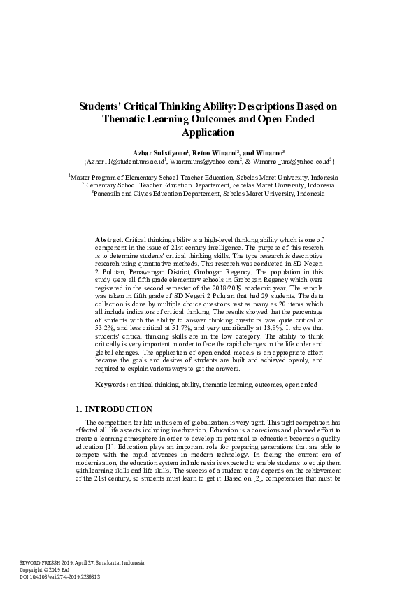 (PDF) Students' Critical Thinking Ability: Descriptions Based on ...