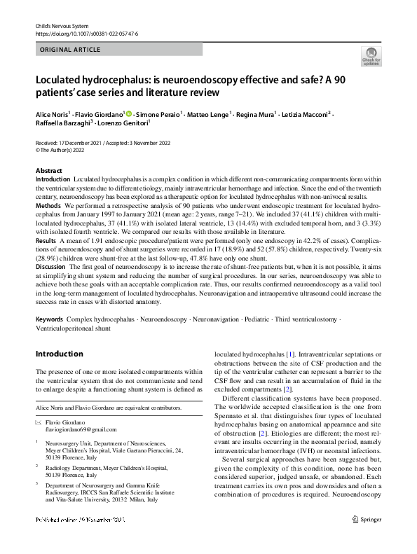 (PDF) Loculated hydrocephalus: is neuroendoscopy effective and safe? A ...