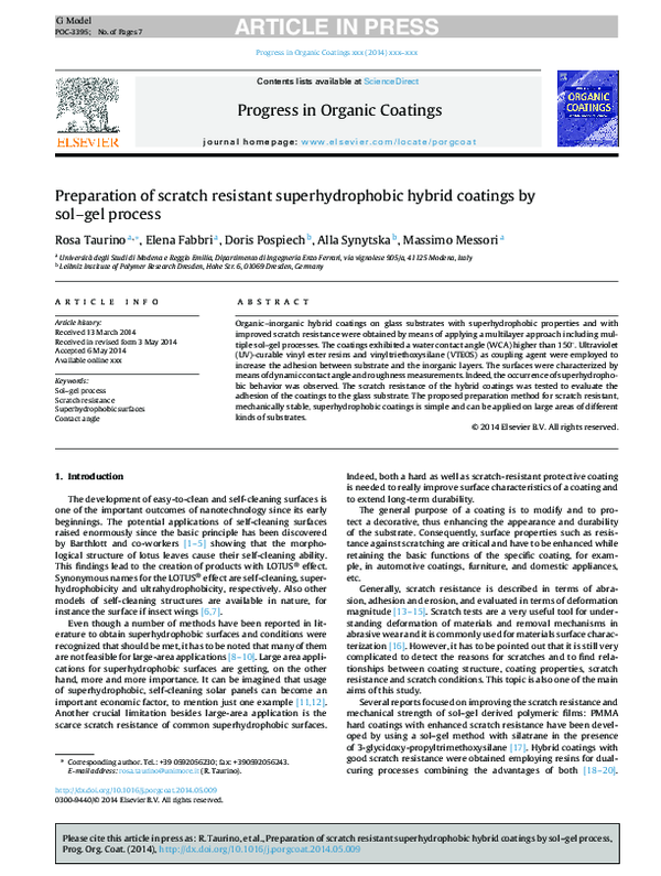 (PDF) Preparation of scratch resistant superhydrophobic hybrid coatings ...