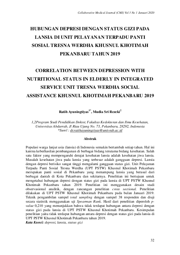 (PDF) Hubungan Depresi Dengan Status Gizi Pada Lansia DI Unit Pelayanan Terpadu Panti Sosial ...