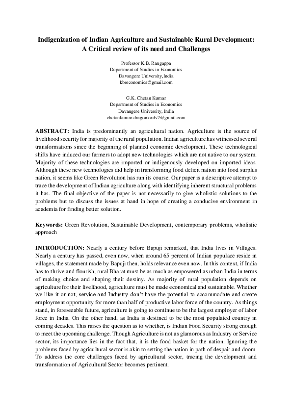 (PDF) Indigenization of Indian Agriculture and Sustainable Rural ...