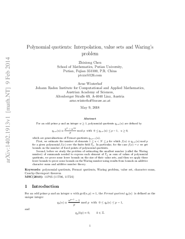 (PDF) Polynomial quotients: Interpolation, value sets and Waring's problem