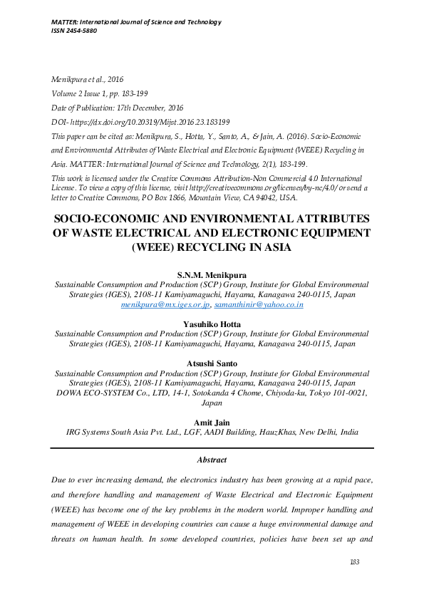 (PDF) Socio-Economic and Environmental Attributes of Waste Electrical ...