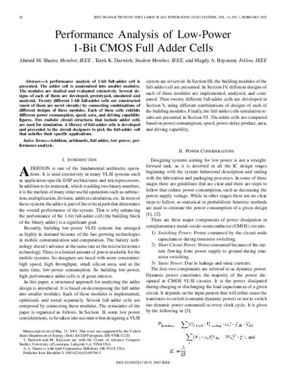 (PDF) Performance analysis of low-power 1-bit CMOS full adder cells