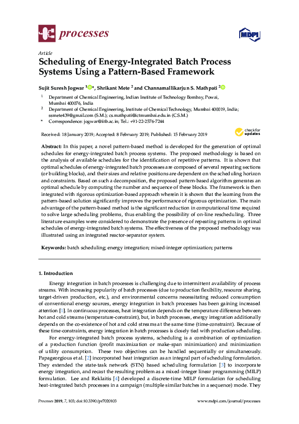 Pdf Scheduling Of Energy Integrated Batch Process Systems Using A Pattern Based Framework
