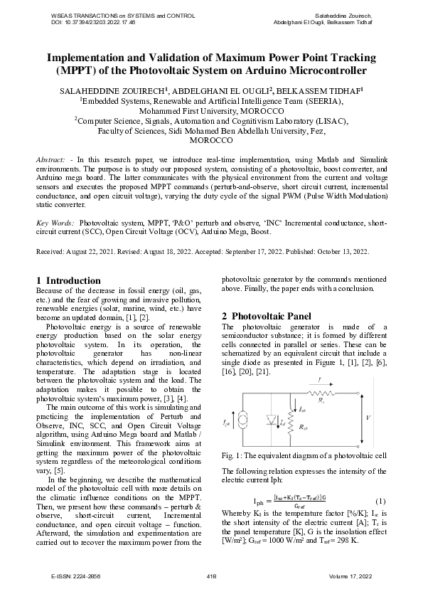 Pdf Implementation And Validation Of Maximum Power Point Tracking Mppt Of The Photovoltaic 1568