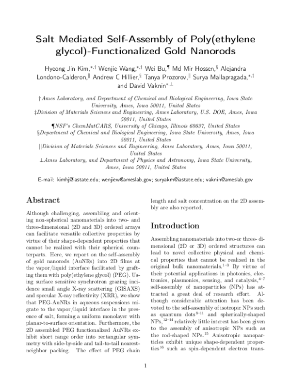 (PDF) Salt Mediated Self-Assembly of Poly(ethylene Glycol)-Functionalized Gold Nanorods ...