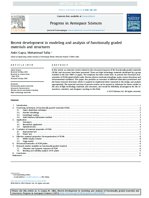 Pdf Recent Development In Modeling And Analysis Of Functionally Graded Materials And Structures