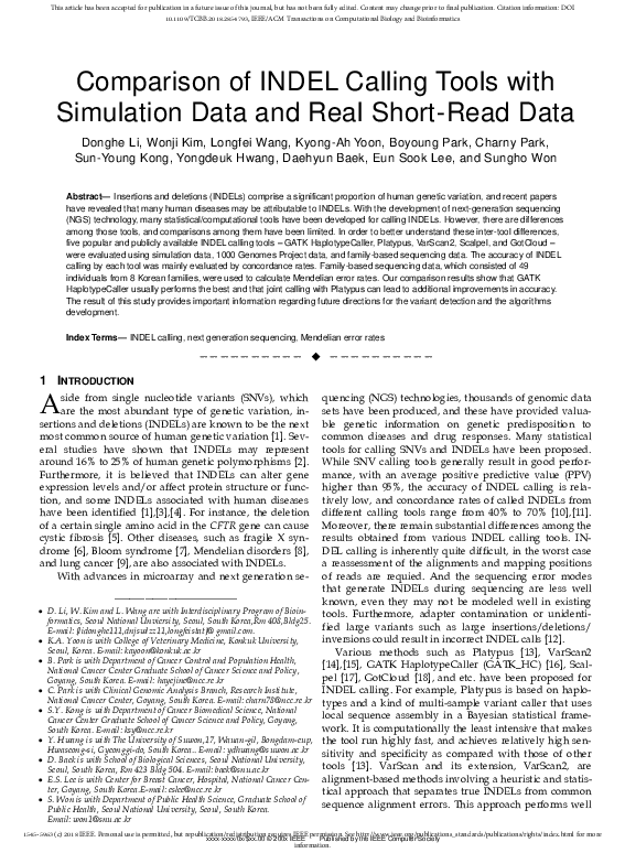 (PDF) Comparison of INDEL Calling Tools with Simulation Data and Real Short-Read Data