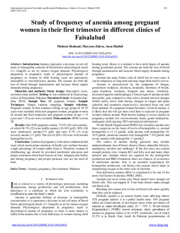 (PDF) Study of frequency of anemia among pregnant women in their first ...