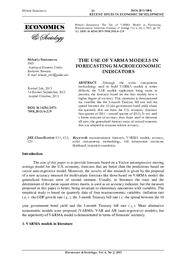 Pdf The Use Of Varma Models In Forecasting Macroeconomic Indicators