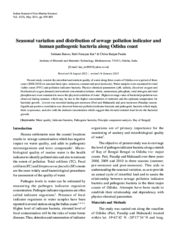 (PDF) Seasonal variation and distribution of sewage pollution indicator and human pathogenic ...