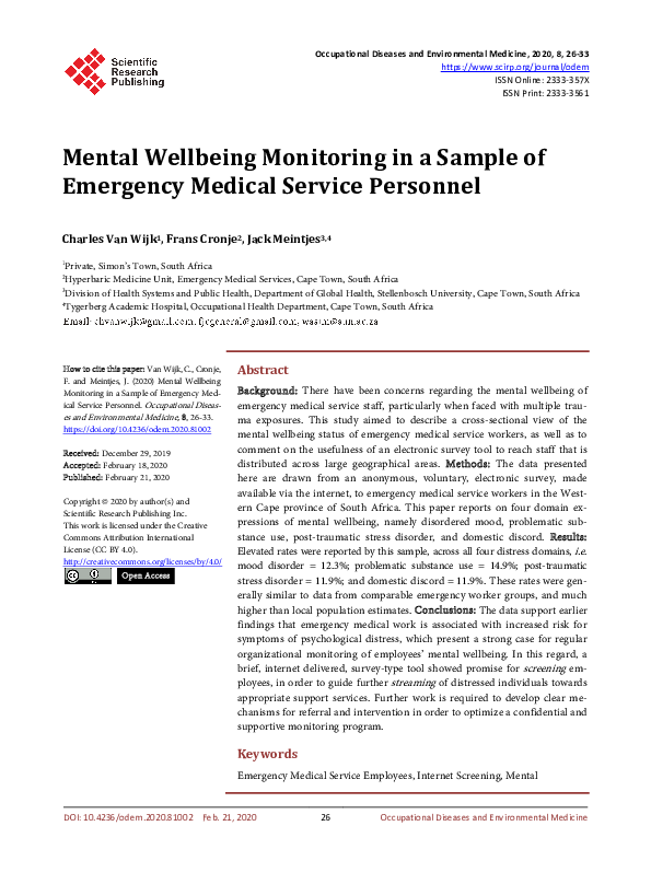 (PDF) Mental Wellbeing Monitoring in a Sample of Emergency Medical ...