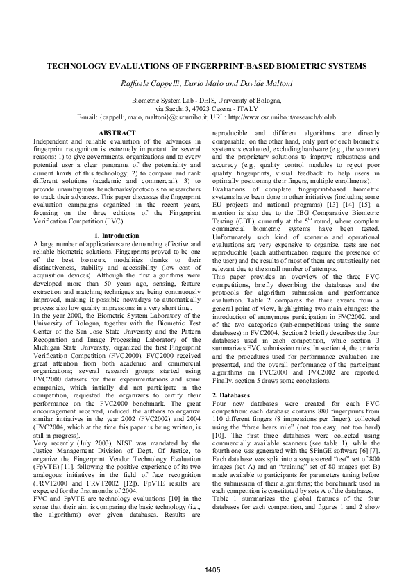 Pdf Technology Evaluations Of Fingerprint Based Biometric Systems