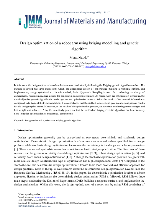 Pdf Design Optimization Of A Robot Arm Using Kriging Modelling And Genetic Algorithm Murat
