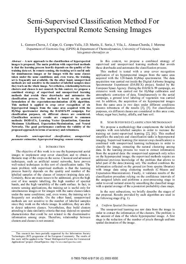 (PDF) Semi-supervised classification method for hyperspectral remote sensing images