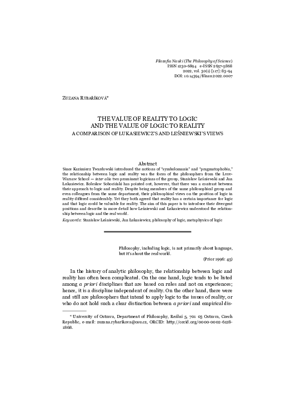 (PDF) THE VALUE OF REALITY TO LOGIC AND THE VALUE OF LOGIC TO REALITY