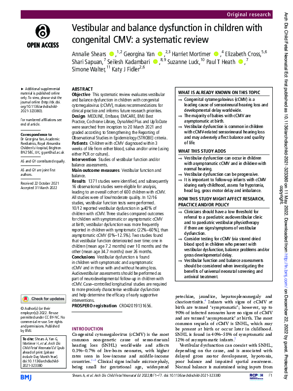 (PDF) Vestibular and balance dysfunction in children with congenital ...