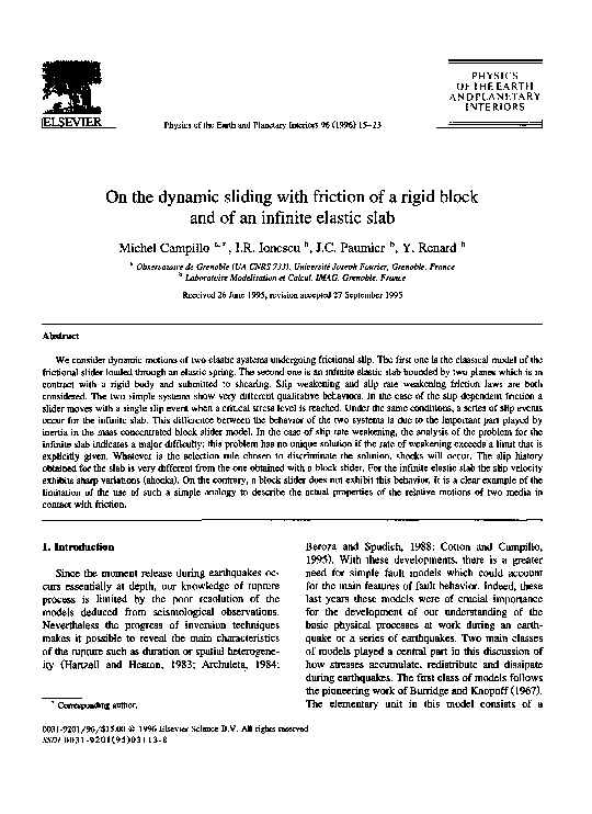 Pdf On The Dynamic Sliding With Friction Of A Rigid Block And Of An Infinite Elastic Slab