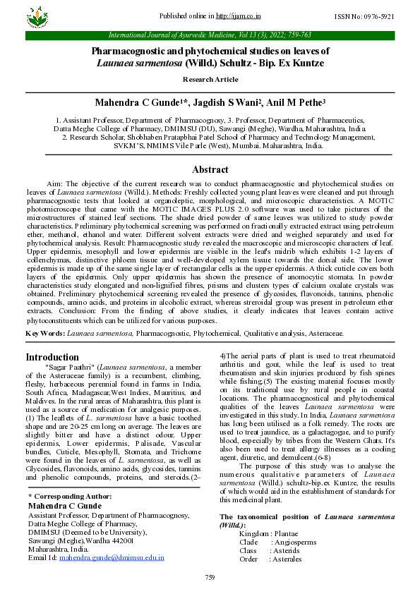 (PDF) Pharmacognostic and phytochemical studies on leaves of Launaea sarmentosa (Willd.) Schultz ...