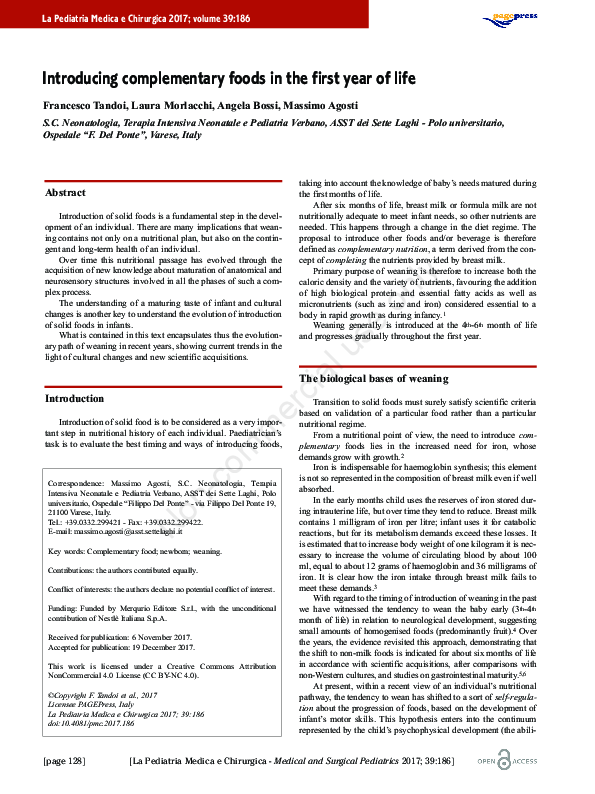 (PDF) Introducing complementary foods in the first year of life