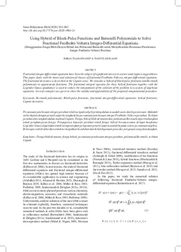 (PDF) Using Hybrid of Block-Pulse Functions and Bernoulli Polynomials to Solve Fractional ...