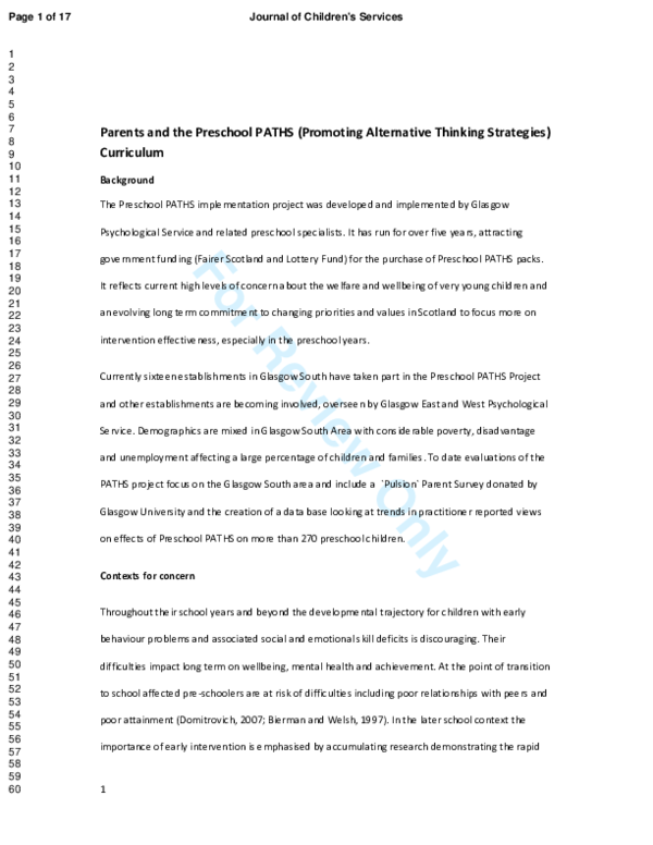 (PDF) Parents and the Preschool PATHS (Promoting Alternative Thinking ...