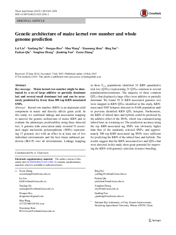 (PDF) Genetic architecture of maize kernel row number and whole genome prediction