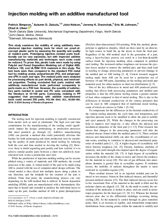 (PDF) Injection molding with an additive manufactured tool