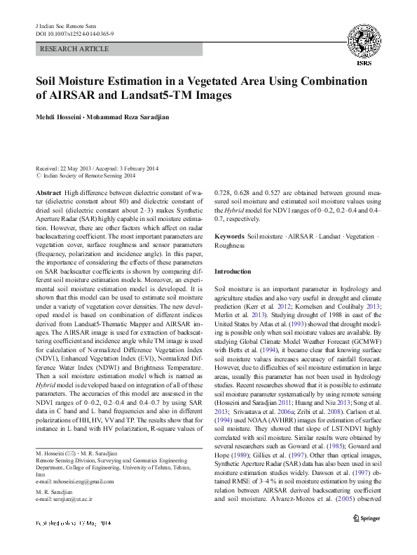 (PDF) Soil Moisture Estimation in a Vegetated Area Using Combination of AIRSAR and Landsat5-TM ...