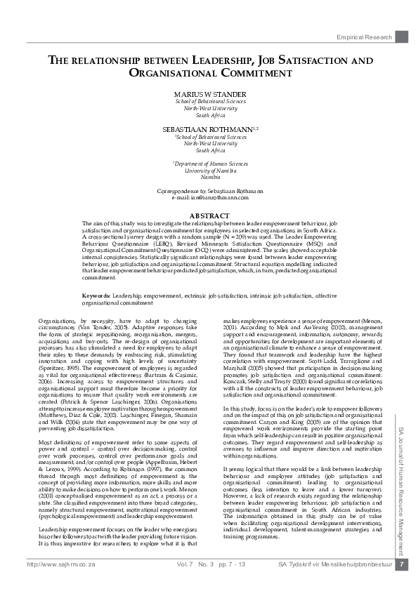 (PDF) The relationship between Leadership, Job satisfaction and Organisational Commitment