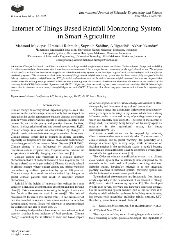 (PDF) Internet of Things Based Rainfall Monitoring System in Smart Agriculture