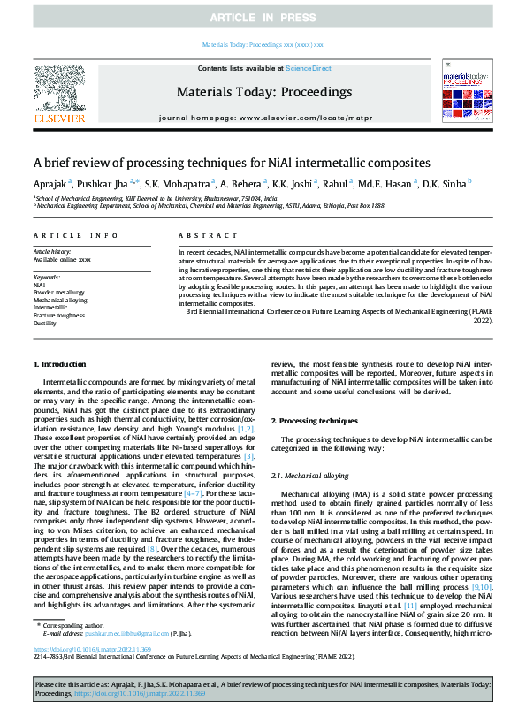 (PDF) A brief review of processing techniques for NiAl intermetallic ...