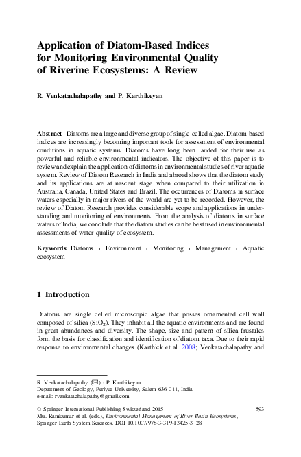 (PDF) Application of Diatom-Based Indices for Monitoring Environmental Quality of Riverine ...