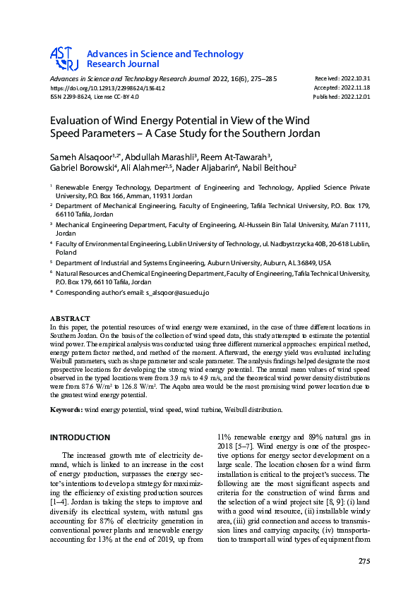 (PDF) Evaluation of Wind Energy Potential in View of the Wind Speed Parameters – A Case Study ...