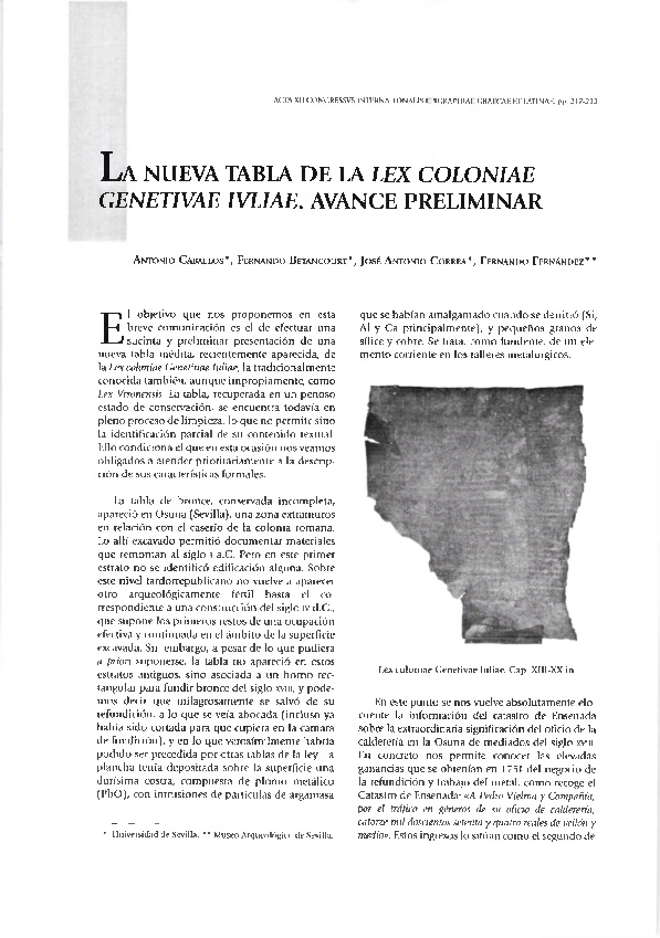 (PDF) La nueva tabla de la Lex Coloniae Genetivae Iuliae. Avance preliminar
