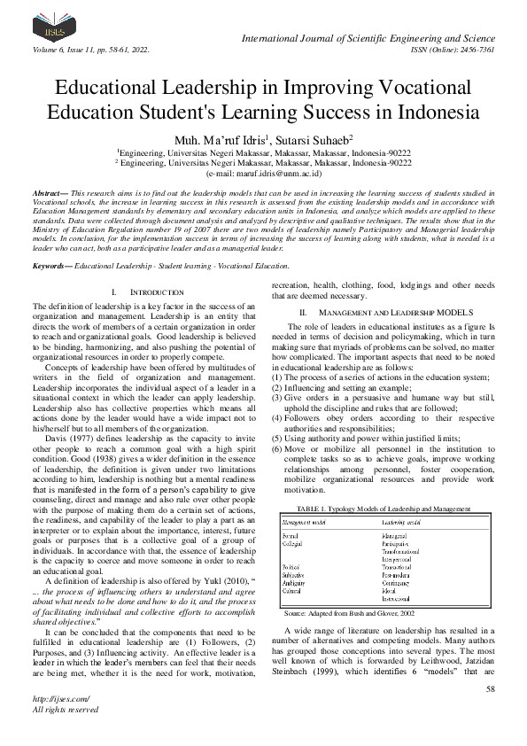 (PDF) Educational Leadership in Improving Vocational Education Student's Learning Success in ...