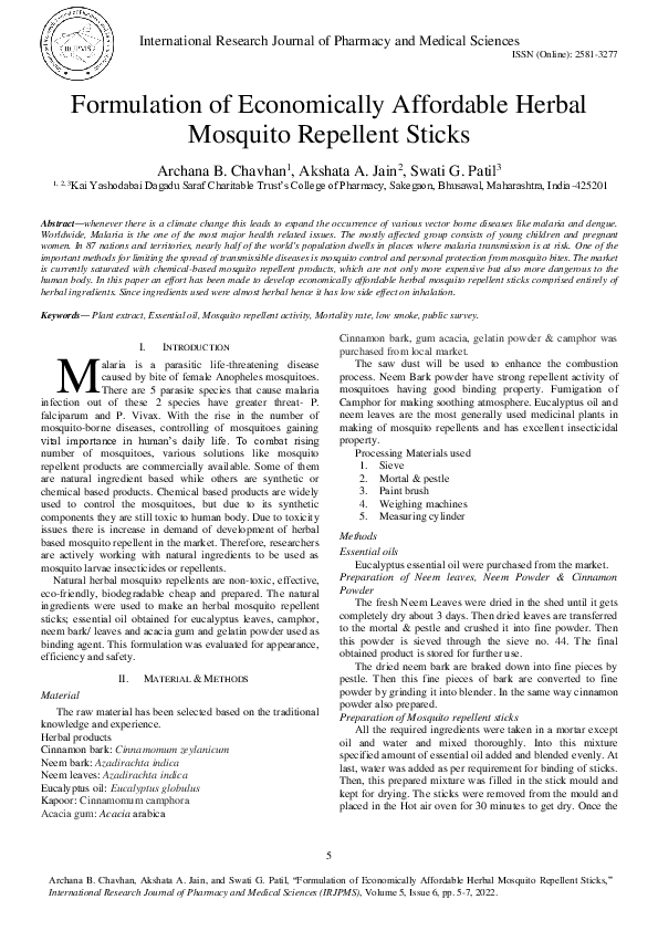 (PDF) Formulation of Economically Affordable Herbal Mosquito Repellent ...