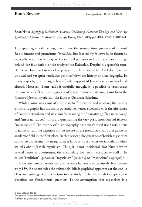 (PDF) Federico Dal Bo, Review of Mystifying Kabbalah