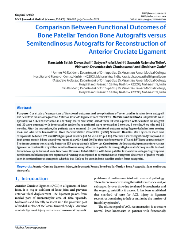 (PDF) Comparison Between Functional Outcomes of Bone Patellar Tendon ...